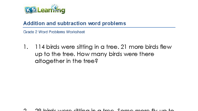 Grade 2 Addition & Subtraction Word Problems Worksheet 1 - Studocu