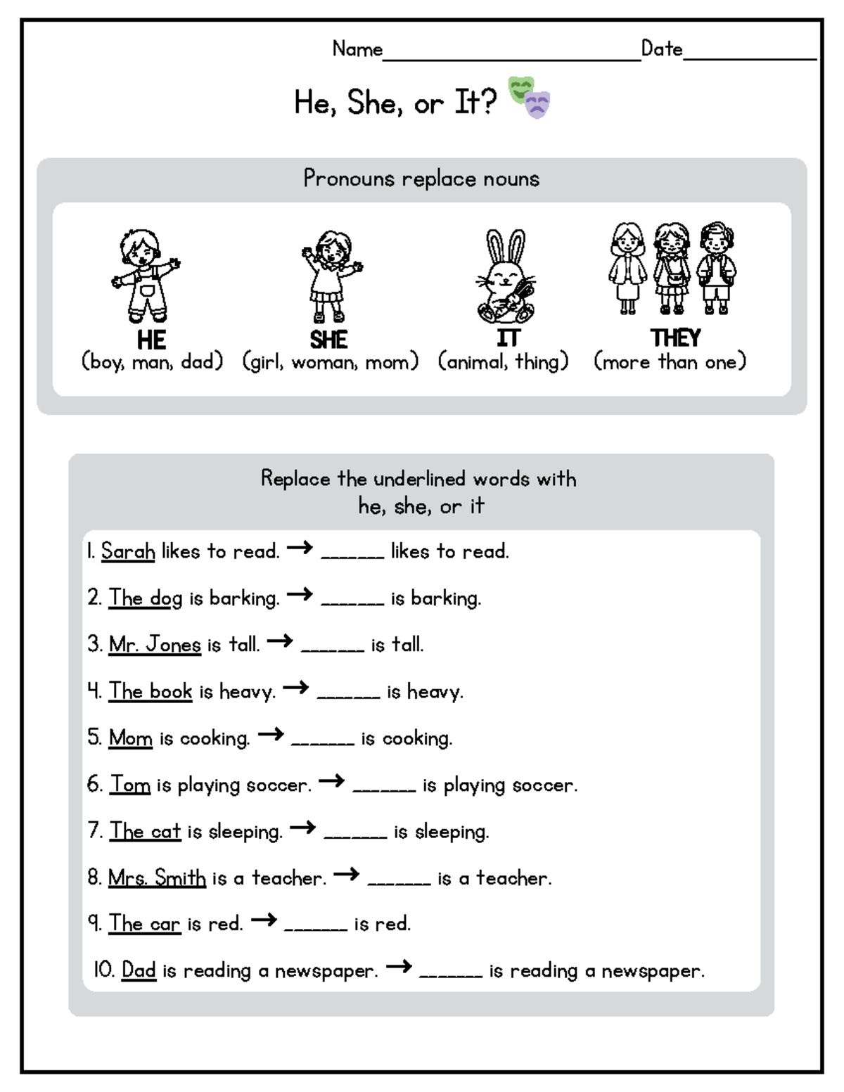 Freebies He, She, or It Replacement Pronoun Practice Worksheets G123-1 ...