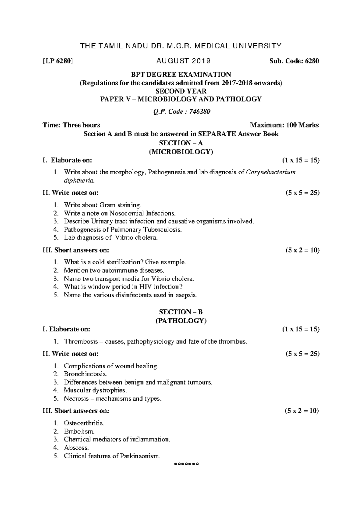 BPT 2nd Year Paper V: Microbiology & Pathology Exam Notes (Sub. Code ...