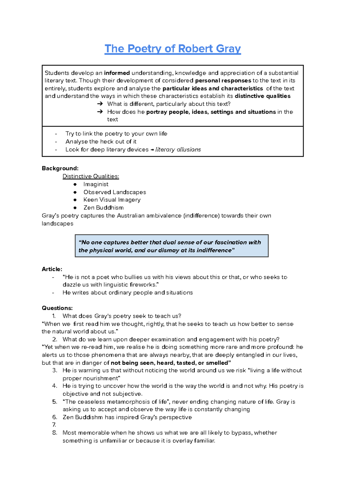 Module B - Close Study of Literature - The Poetry of Robert Gray ...