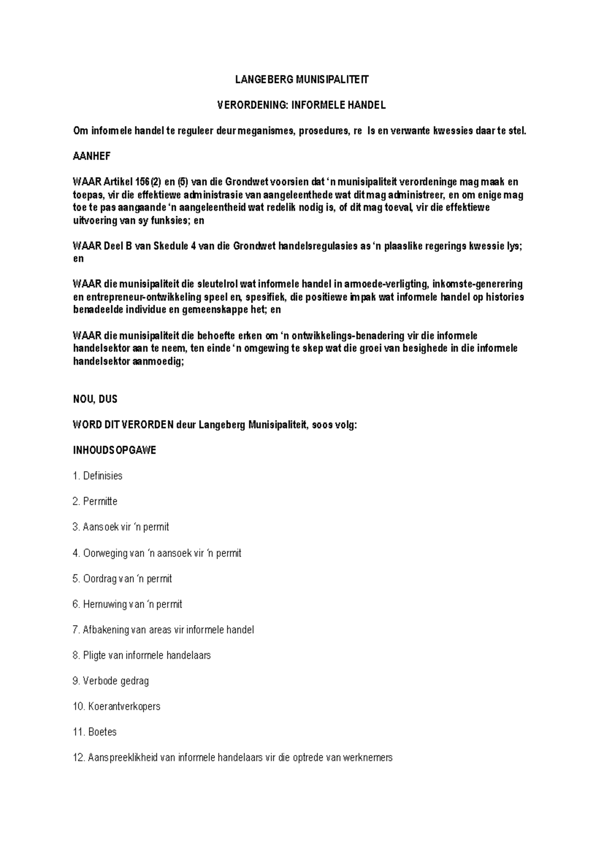 Langeberg Verordening: Regulasies vir Informele Handel (BY-LAW) - Studocu