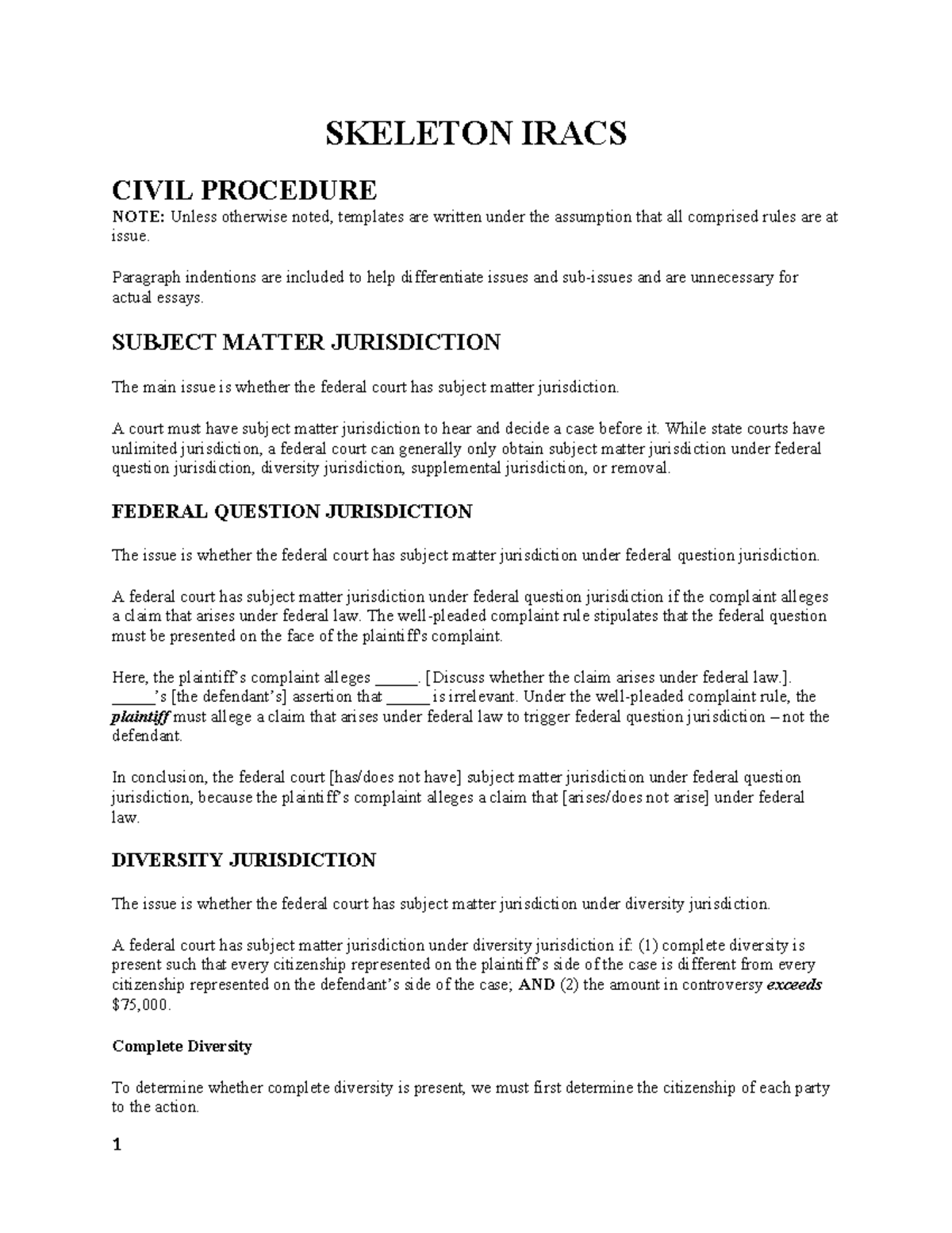 Skeleton Iracs for Civil Procedure (CIV PRO) - Comprehensive Guide ...