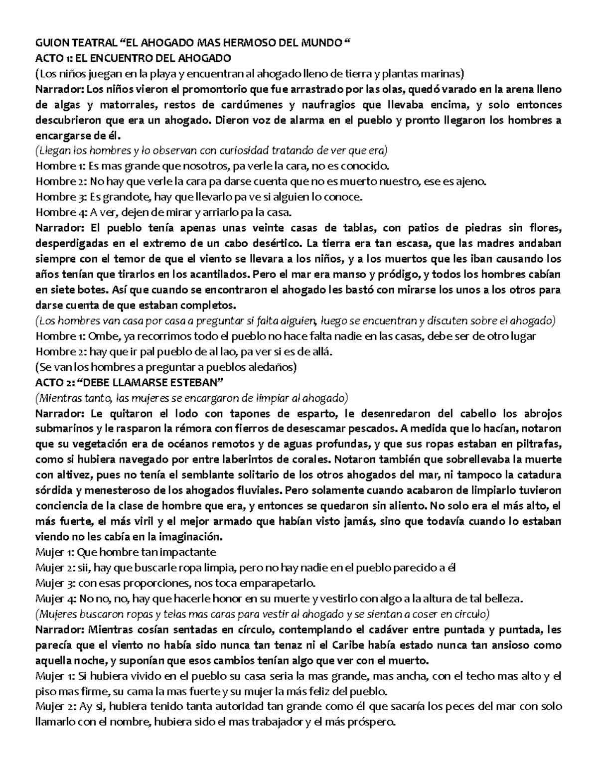 Guion Teatral: El Ahogado Más Hermoso Del Mundo (Actos 1-3) - Studocu