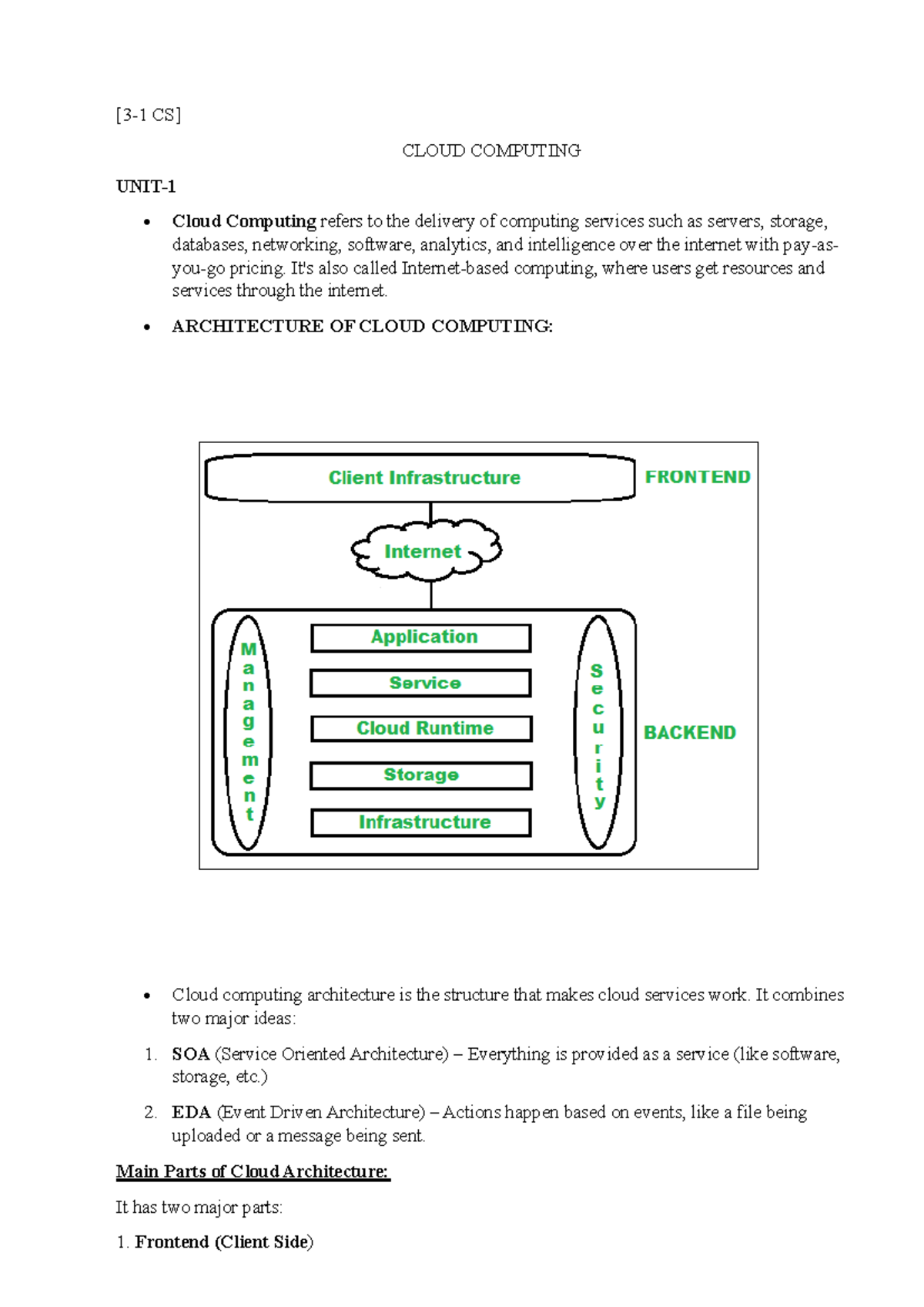 CC-Unit-1 Notes: Introduction to Cloud Computing Architecture - Studocu