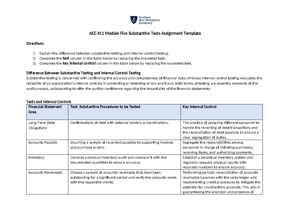 ACC 411 Substantive Tests vs. Internal Control Testing Assignment - Studocu