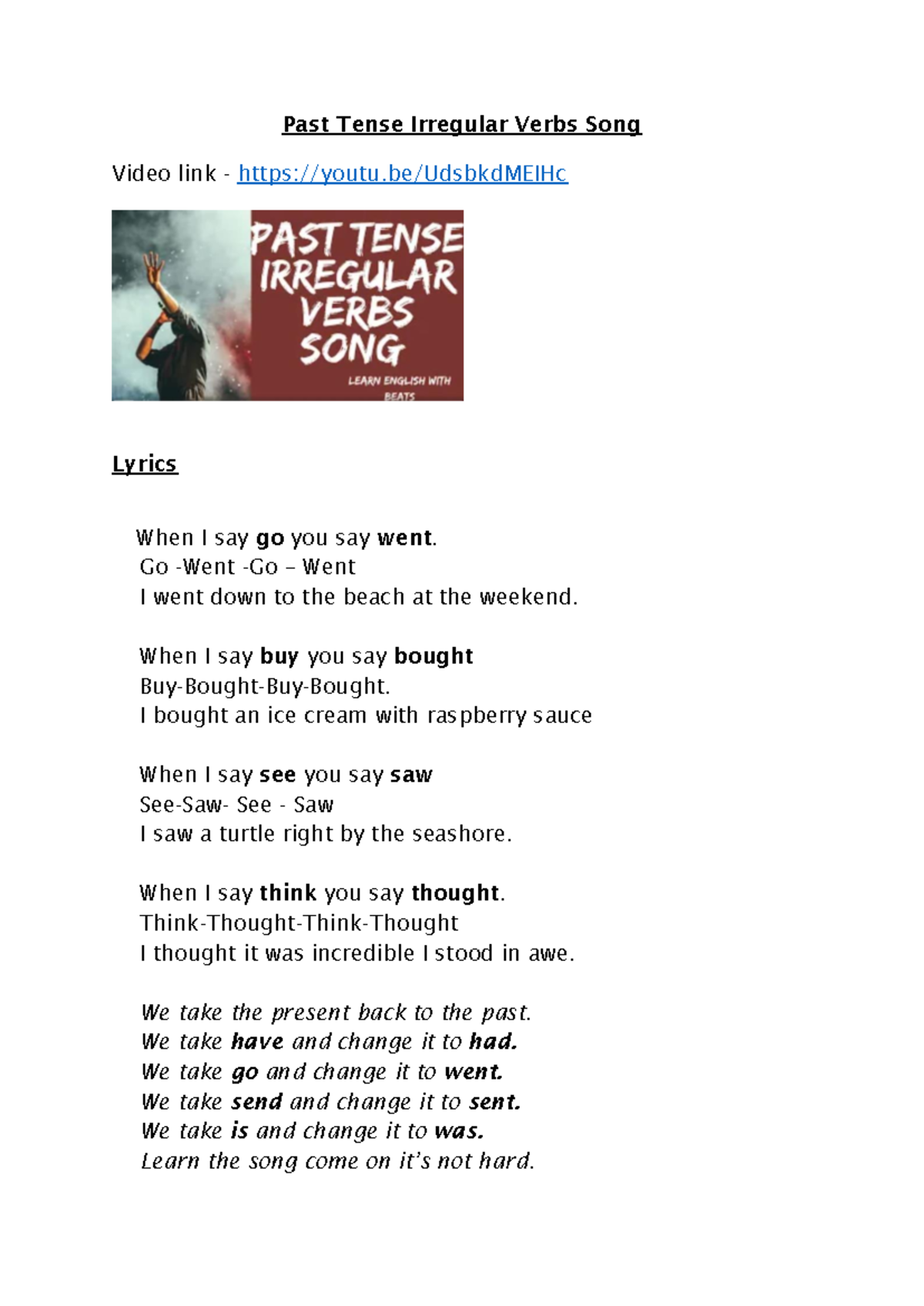 Past Tense Irregular Verbs Song for Language Learning - Studocu