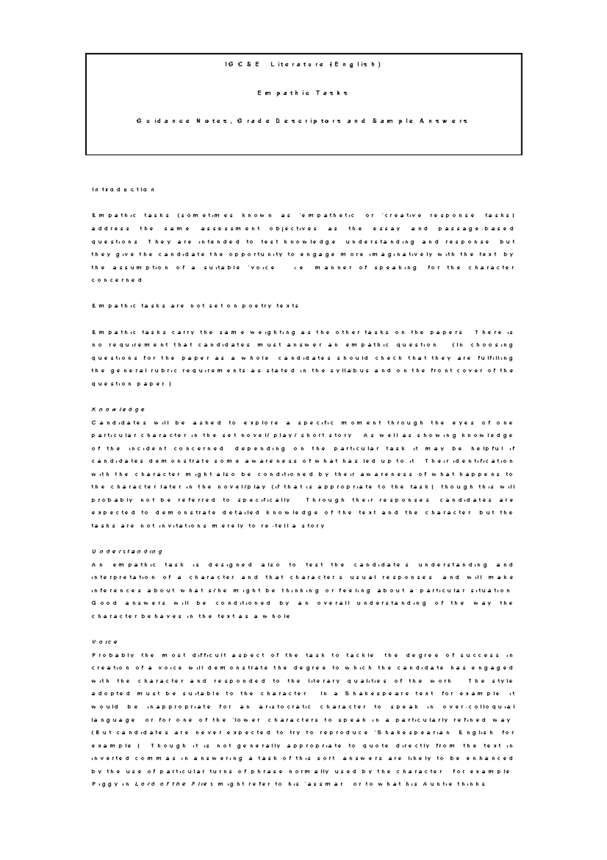 IGCSE Literature (English) Empathic Tasks Guidance & Sample Answers ...