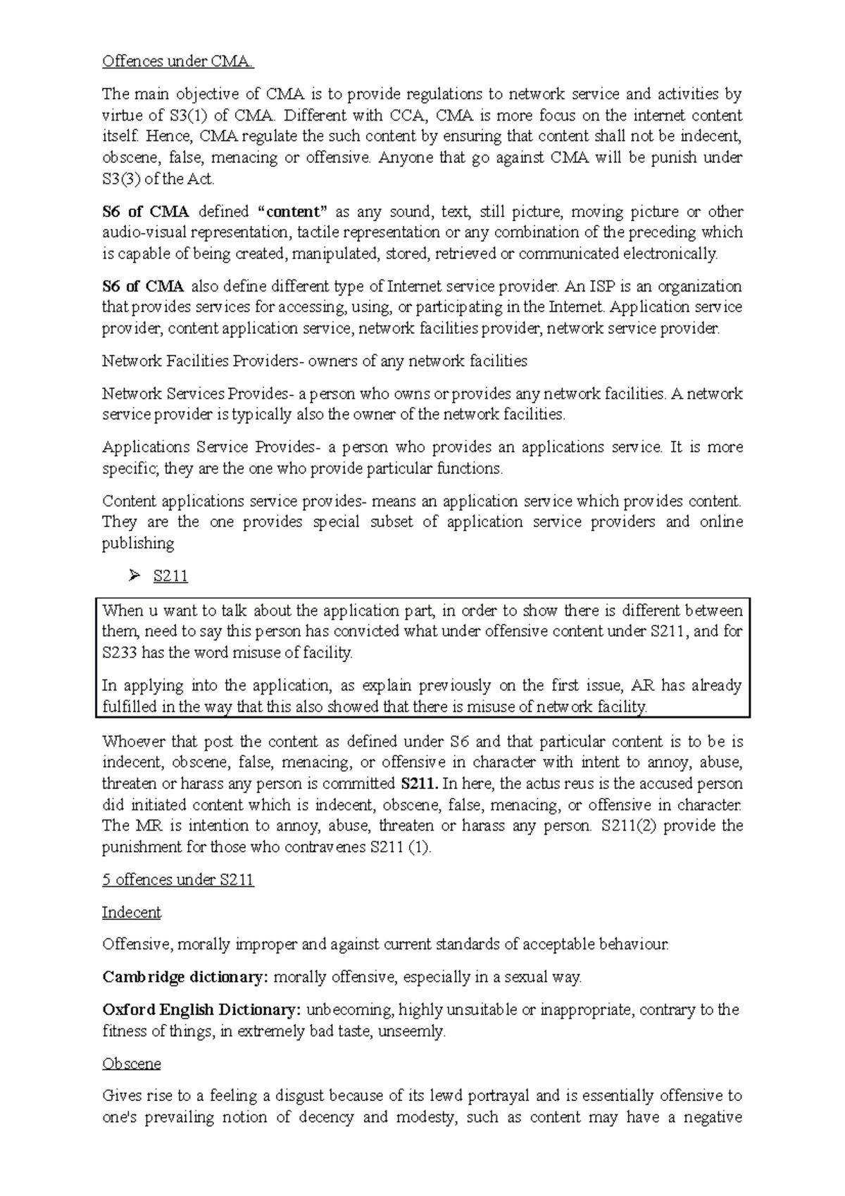 S211 and S233 - S211 and S233 - Offences under CMA. The main objective ...