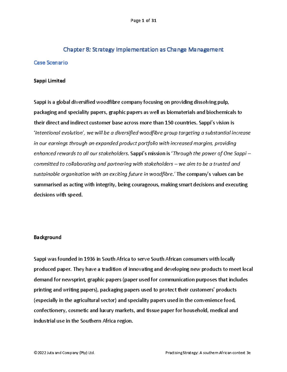 MNG3702 Chapter 8 Strategy Implementation in Sappi: An Analysis - Studocu