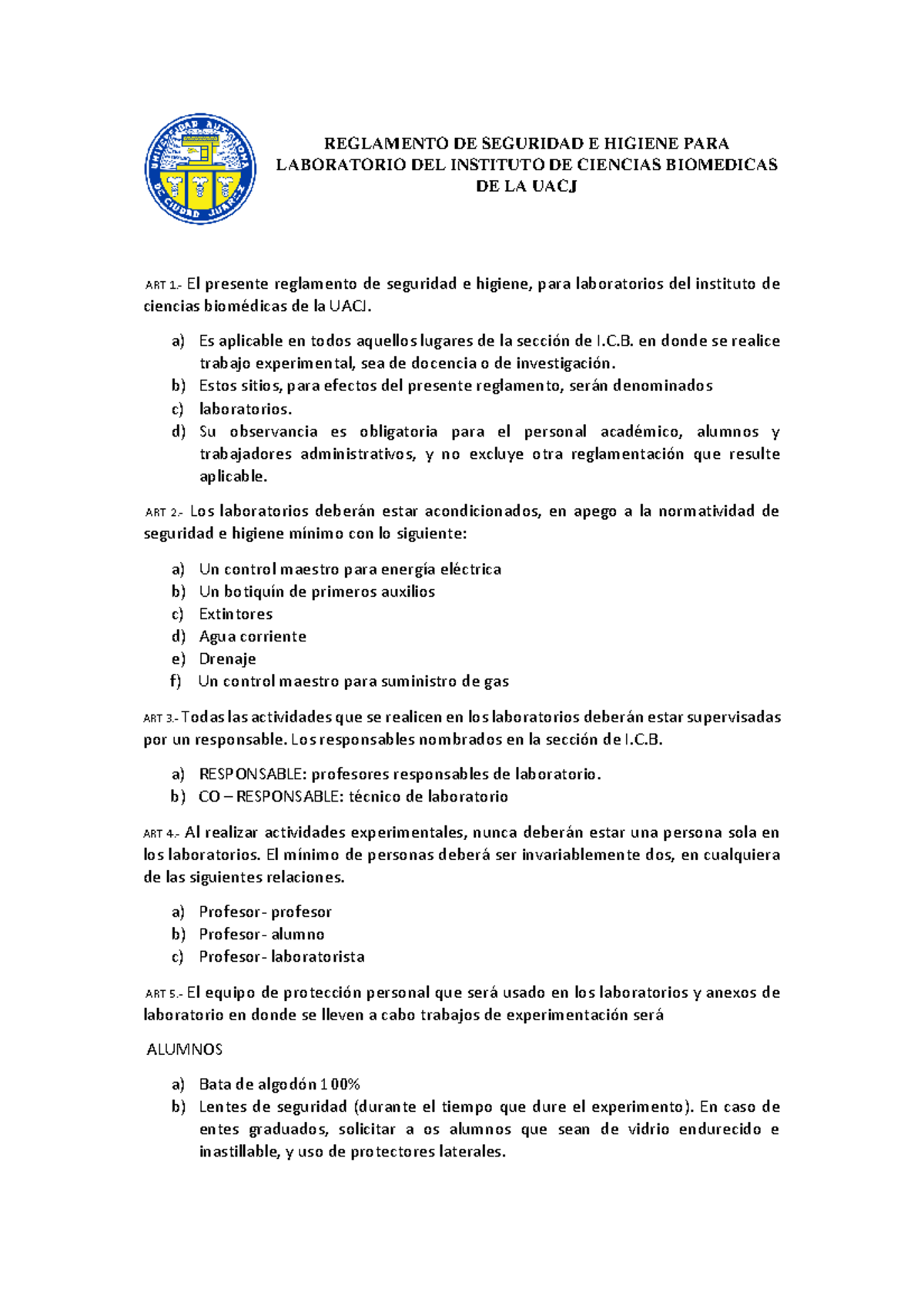 Reglamento de Seguridad e Higiene en Laboratorios del ICB UACJ - Studocu