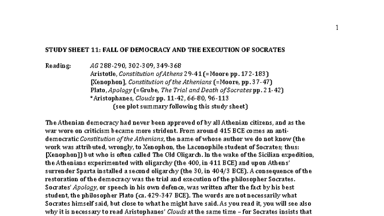 Study Sheet 11: Fall of Democracy & Socrates' Execution (PHIL101) - Studocu