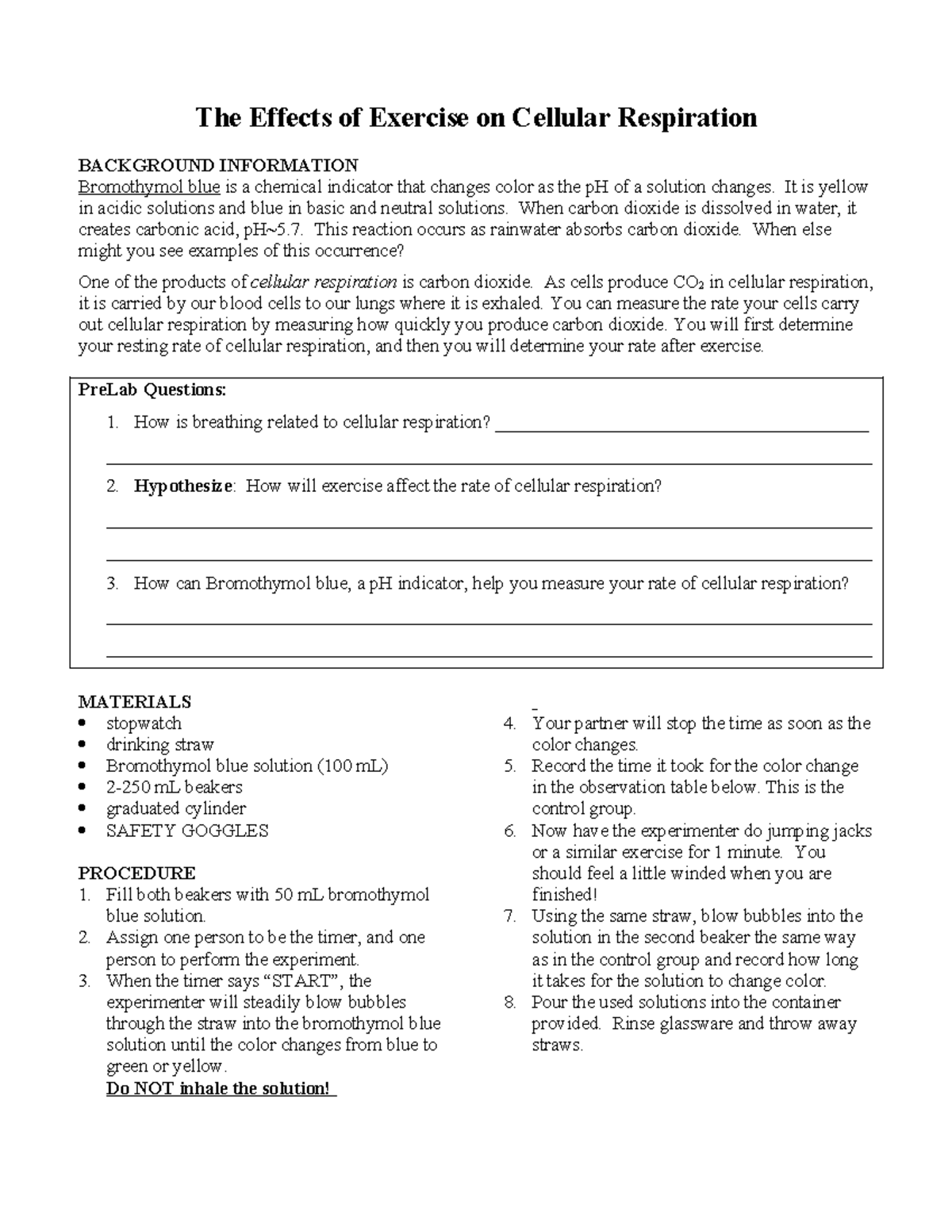 Lab Study: Effects of Exercise on Cellular Respiration with Bromothymol ...
