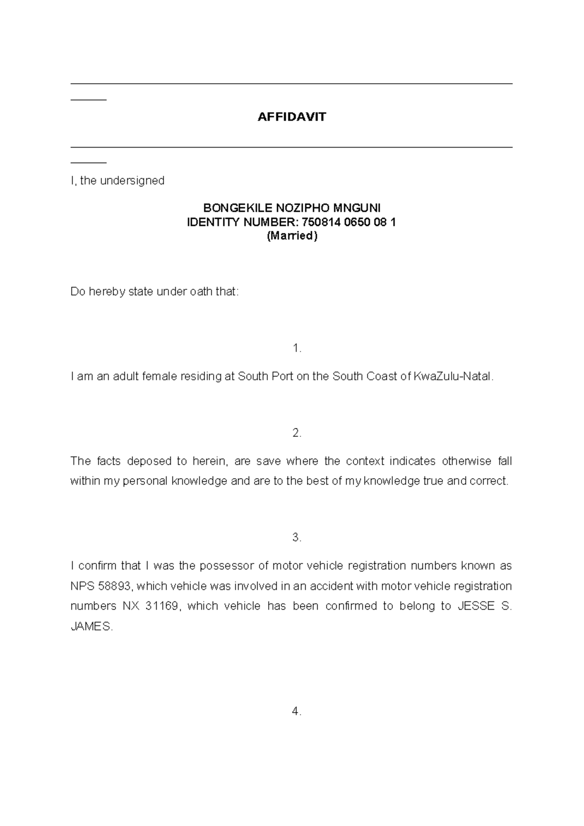 Affidavit for Debt Collection: Bongekile Nozipho Mnguni - Studocu