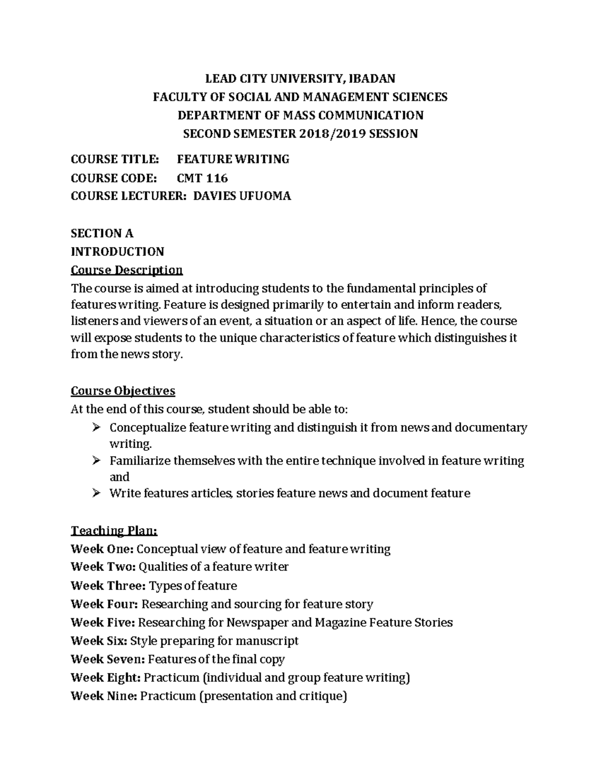 CMT 116 - Feature Writing Study Notes and Course Overview - Studocu