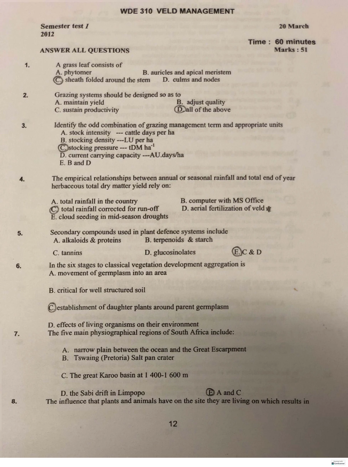 WDE 310 Principles of Veld Management Semester Test 1 Memo - Studocu