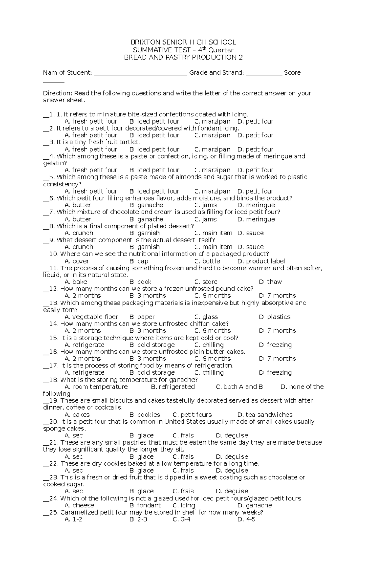 BPP2 Summative Test: Bread and Pastry Production 4th Quarter - Studocu