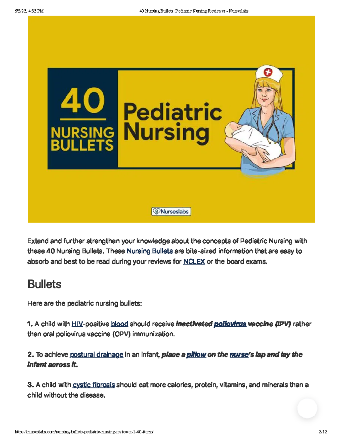 40 Nursing Bullets Pediatric Nursing Reviewer - Nurseslabs - Extend and ...