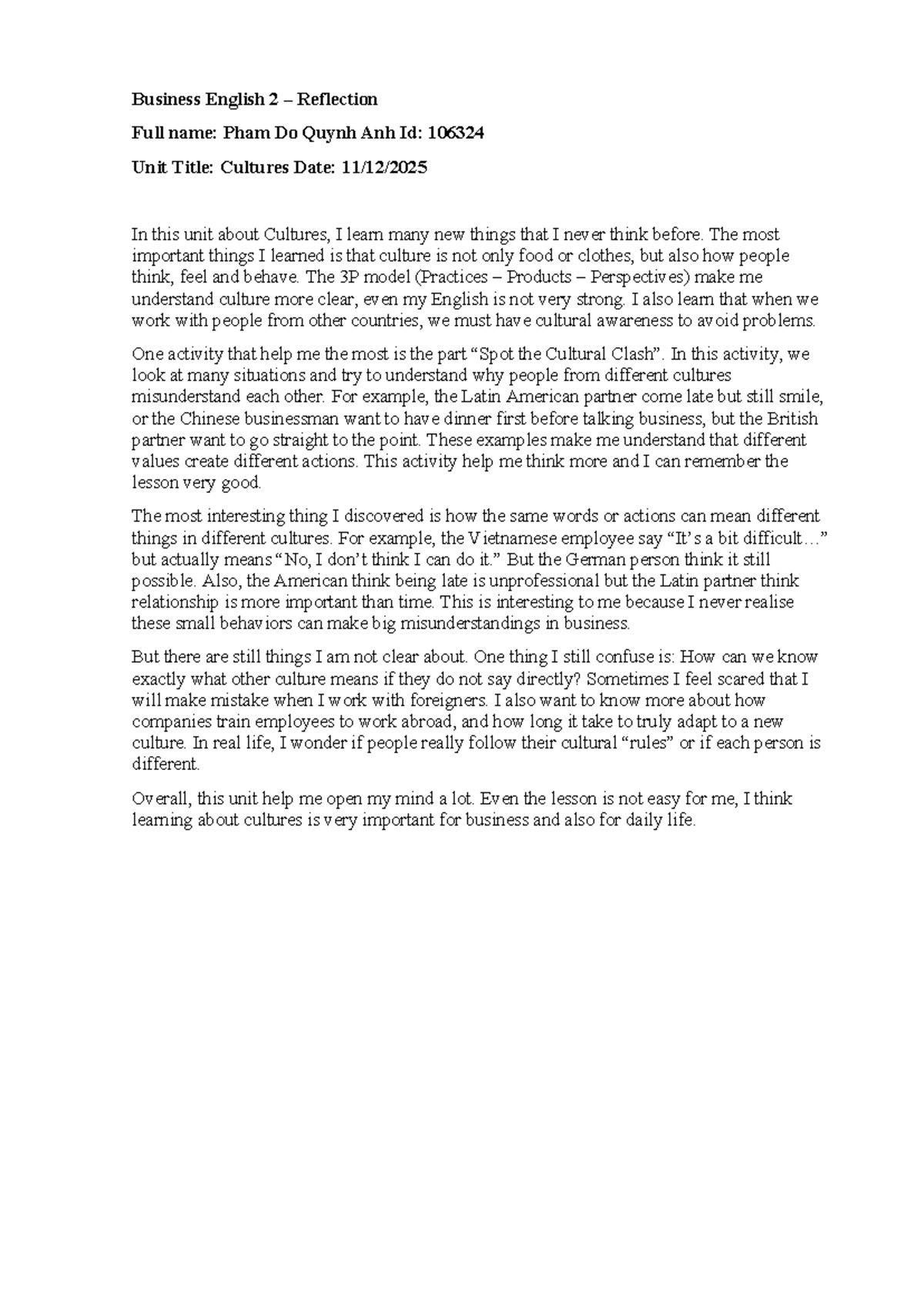 Business English 2 Reflection: Understanding Cultures and Communication ...