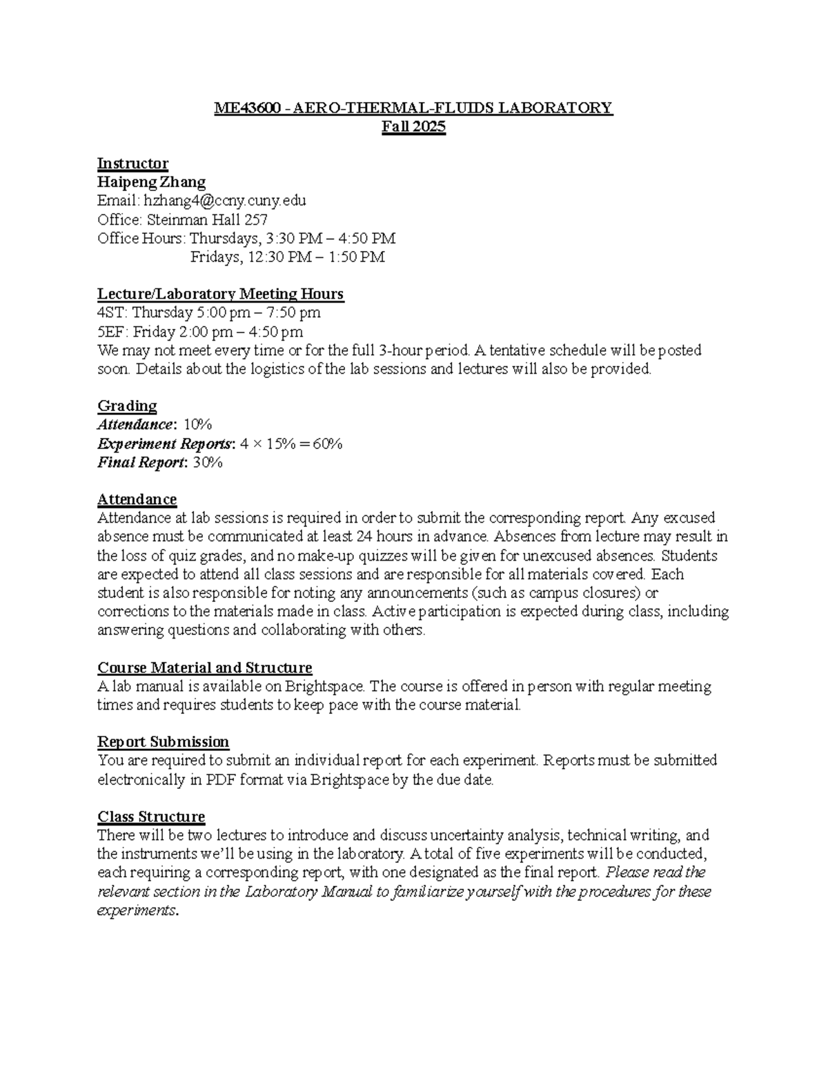 ME43600 Laboratory Syllabus - Fall 2025 Overview - Studocu