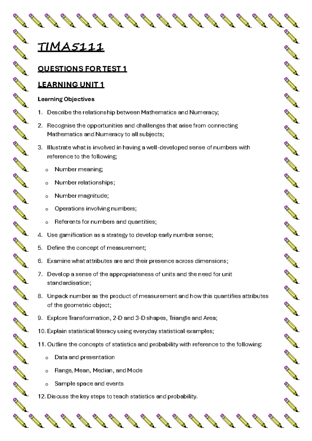 TIMA5111 Test 1 Study Guide: Numeracy & Mathematics Concepts - Studocu