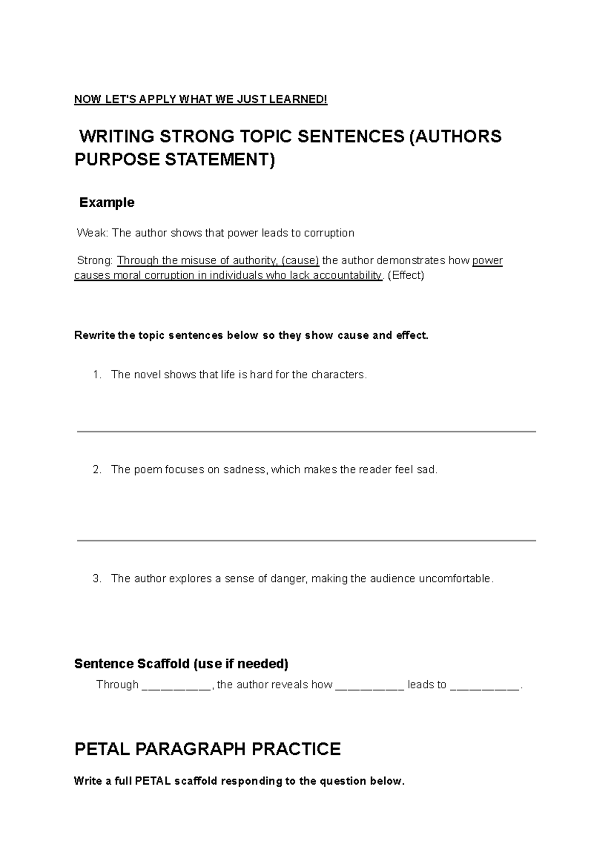 Year 9 Activity - Writing Strong Topic Sentences & Creative Writing ...