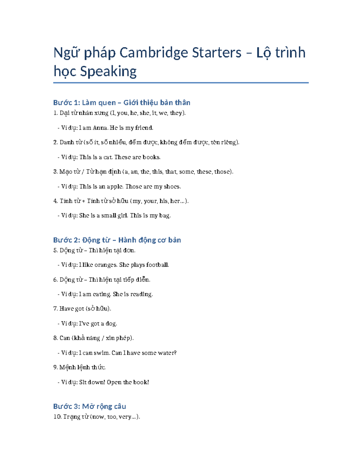 Ngữ pháp Cambridge Starters: Học Speaking Bước 1-5 - Studocu