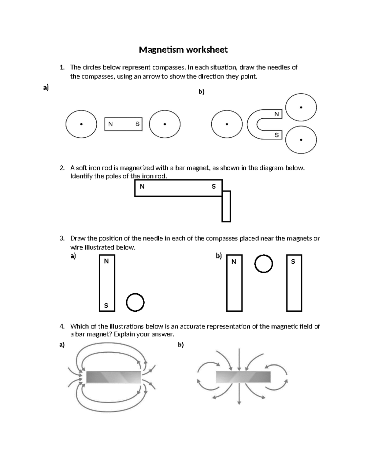 Magnetism Worksheet with Compass Diagrams and Field Representations ...