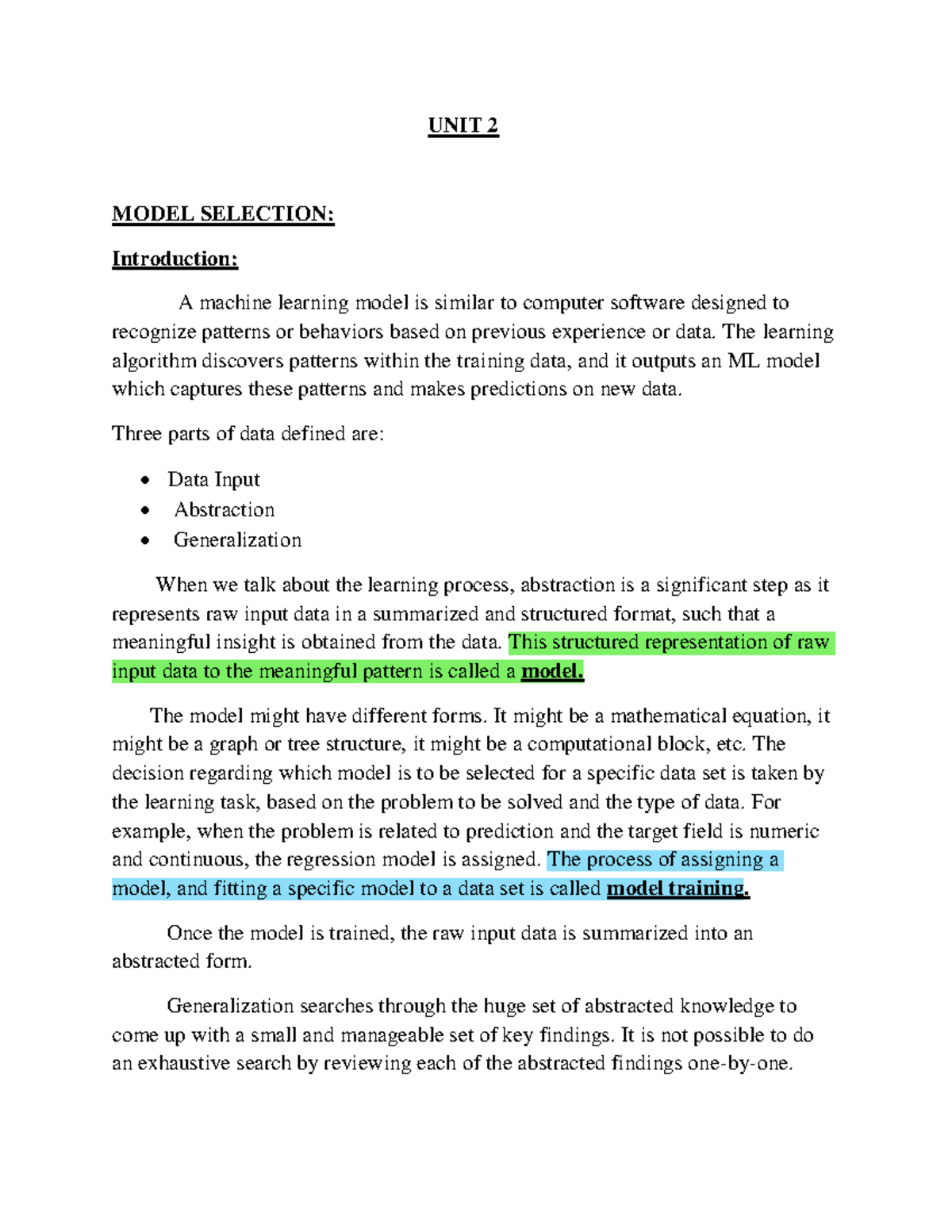 MC4301-ML Unit 2 - Machine learning - UNIT 2 MODEL SELECTION ...