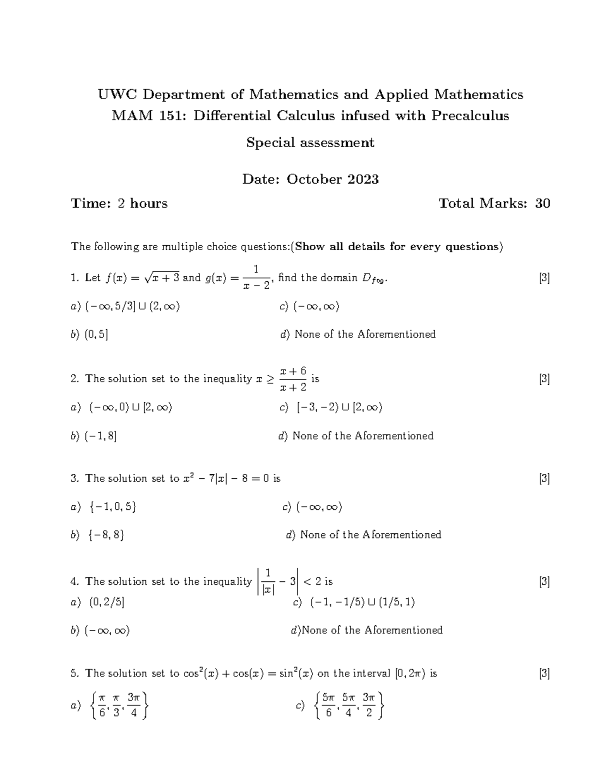 MAM151 Semester Test 2023 - UWC Department of Mathematics and Applied ...