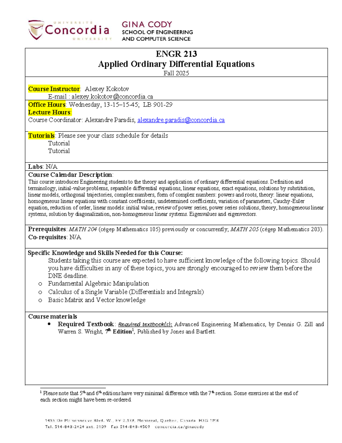 ENGR 213 Course Outline: Applied Ordinary Differential Equations Fall 2025 - Studocu