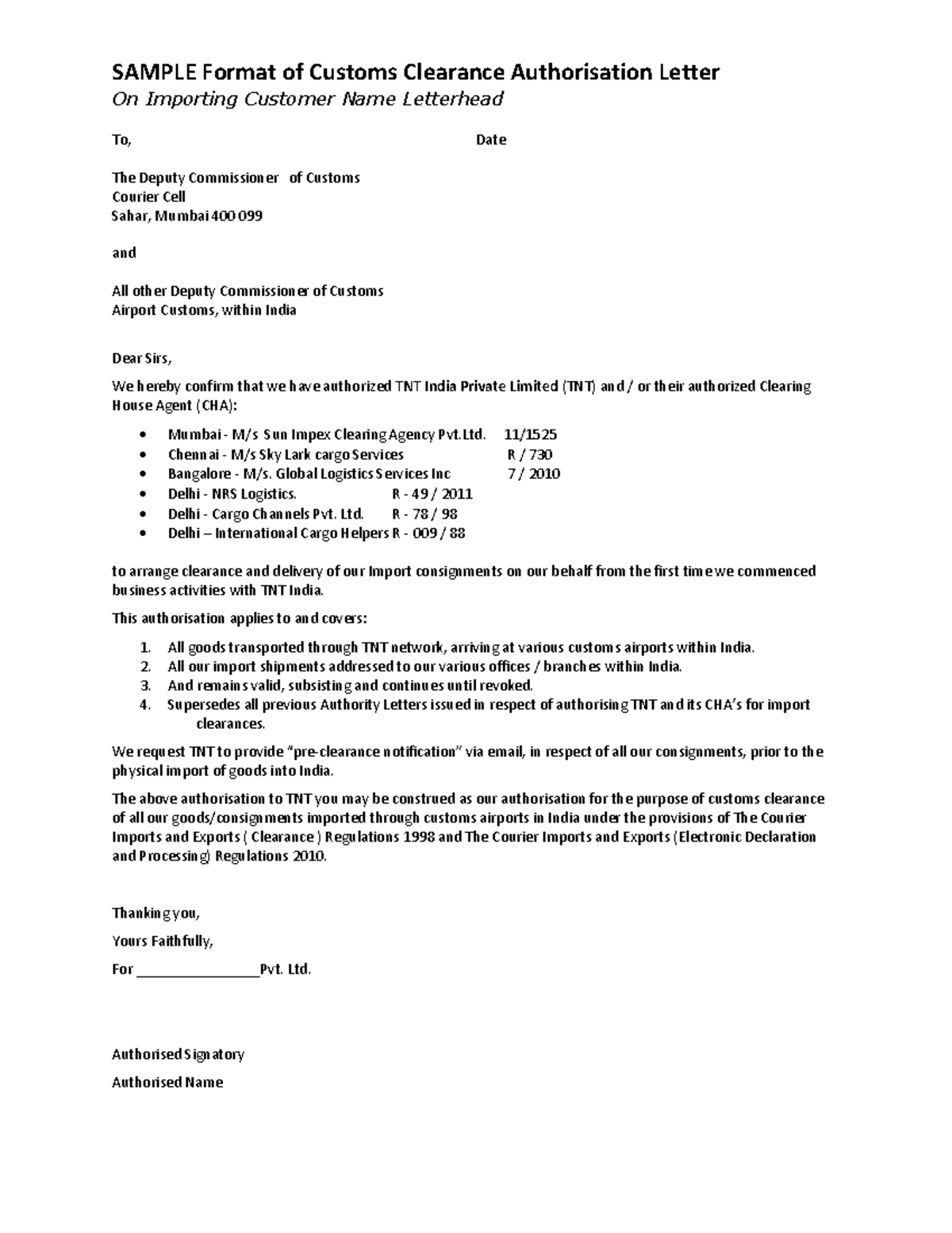 Customs Clearance Authorization Letter Format for Imports - Studocu