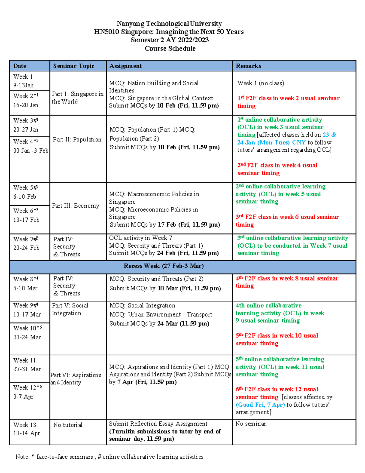 HN5010 Course Schedule (Jan-Apr 2023) - Nanyang Technological ...