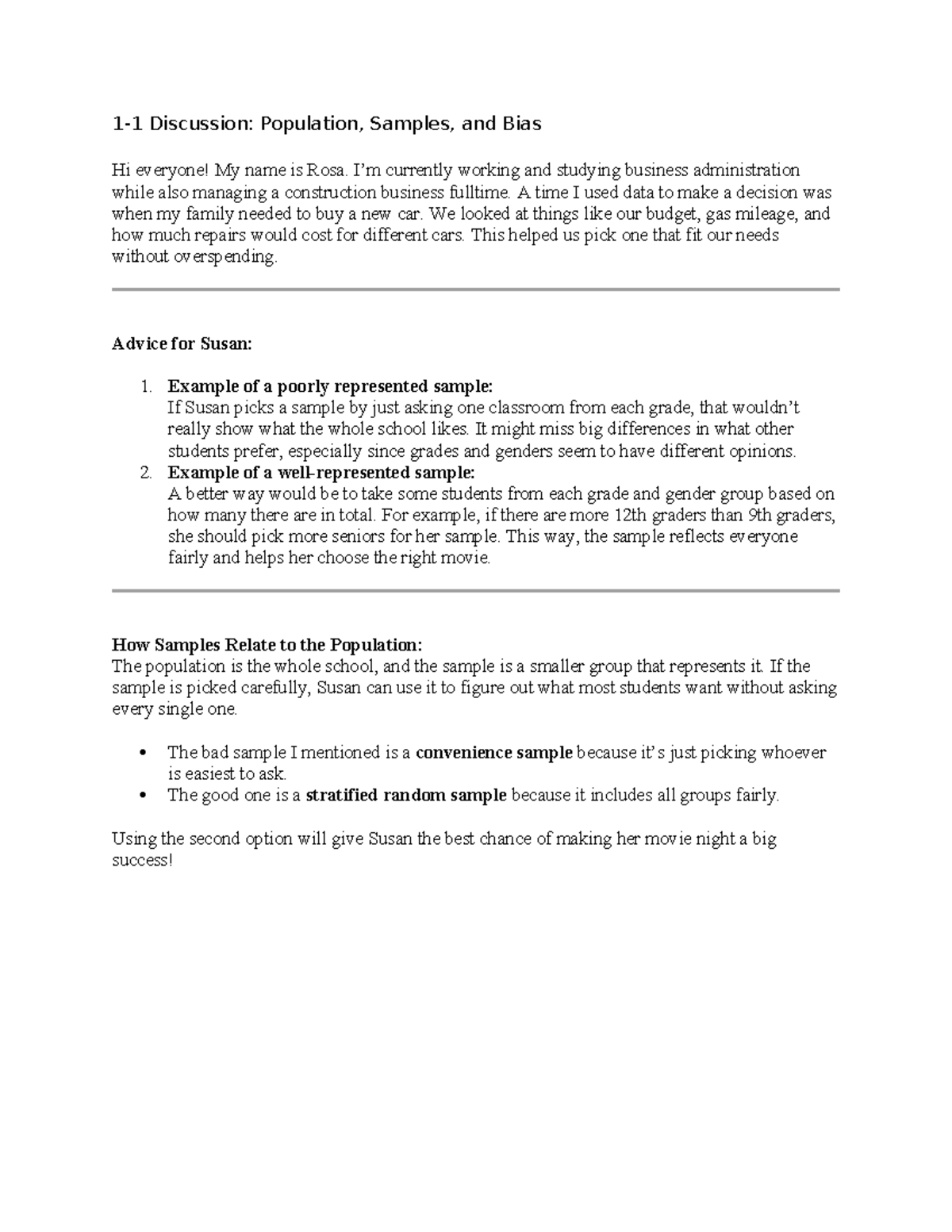 Module 1 - Discussion on Population, Samples, and Bias in Research - Studocu