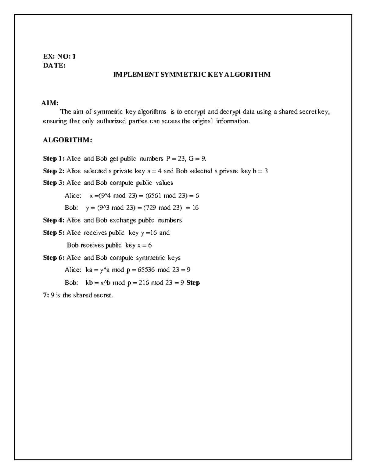 Ns Lab Edit 3 Ns Lab Material Ex No 1 Date Implement Symmetric