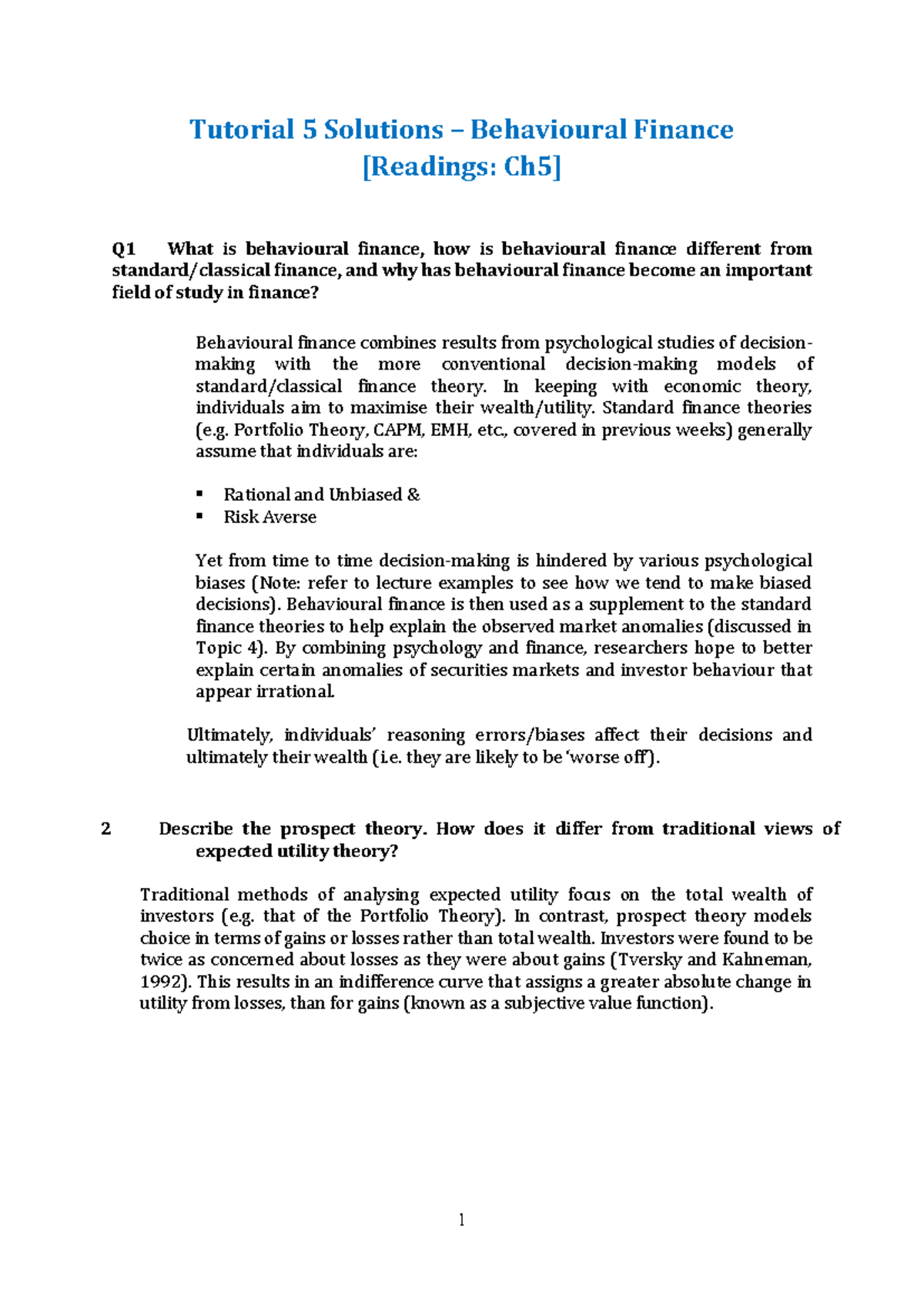 BFC5935 - Tutorial 5 Solutions: Insights into Behavioural Finance - Studocu
