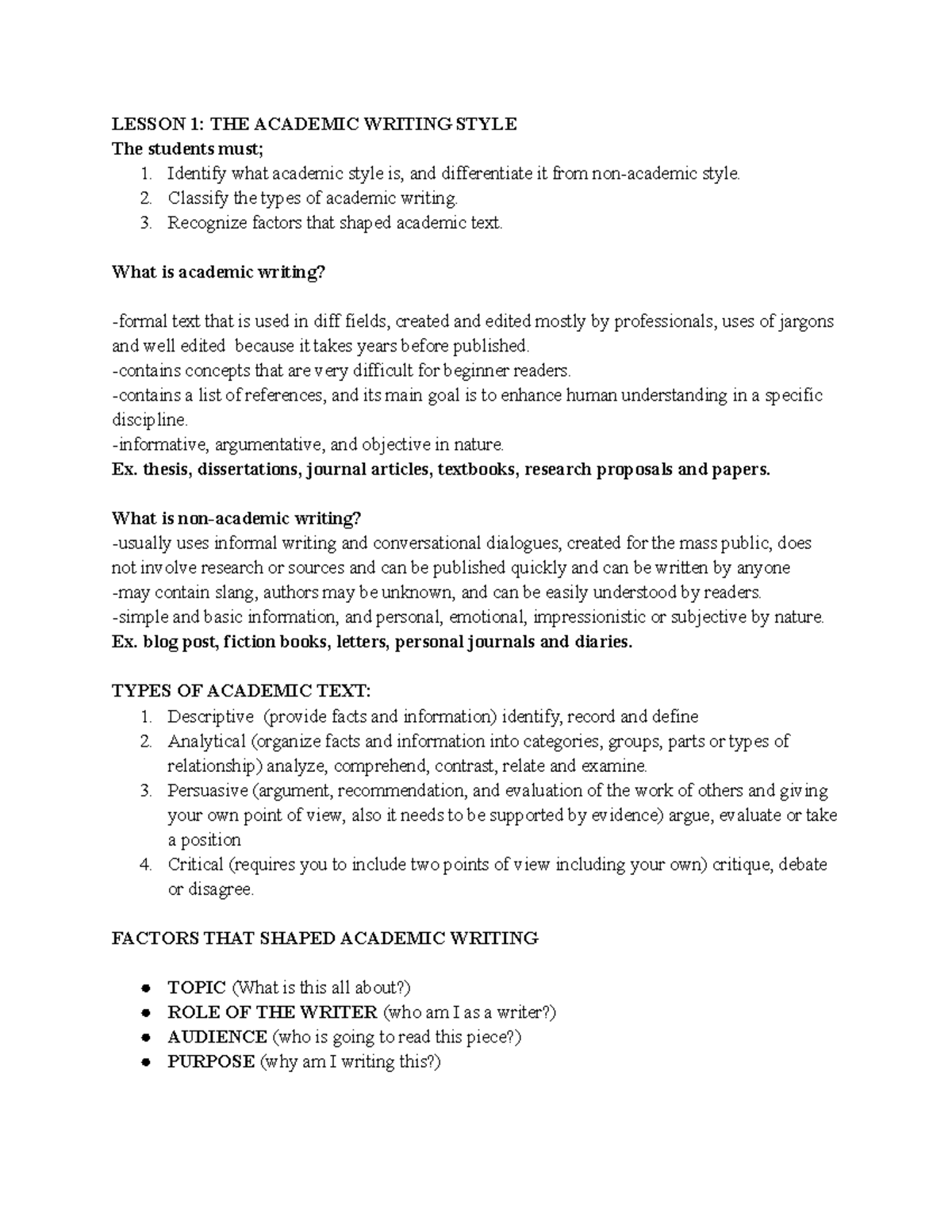 Lesson 1: Understanding the Academic Writing Style and Its Types - Studocu