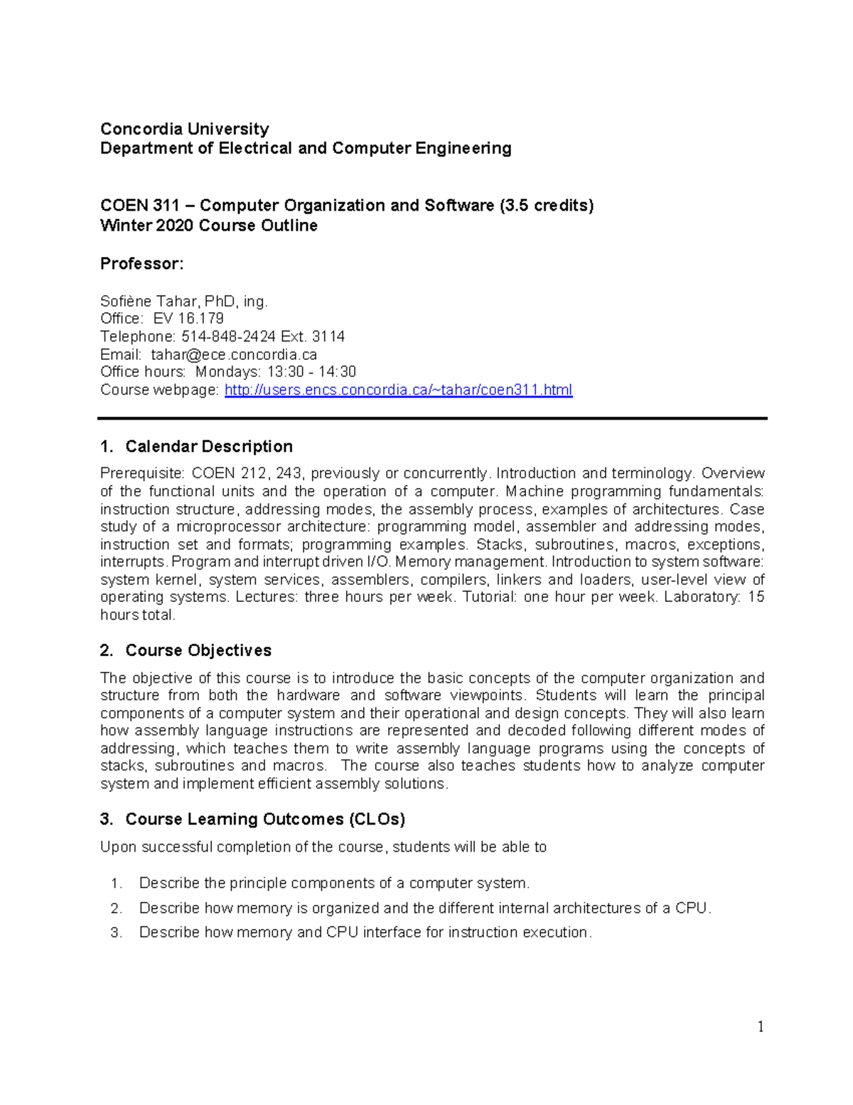 COEN 311 - Computer Organization & Software Course Outline Winter 2020 ...