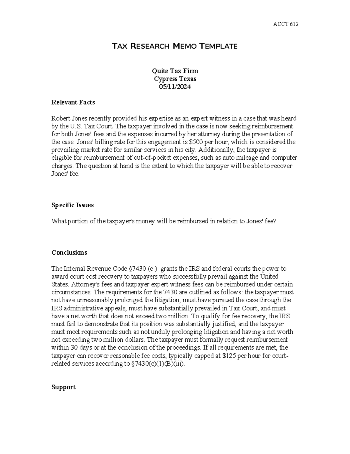 ACCT612 Tax Research Memo Template: Reimbursement of Expert Fees - Studocu