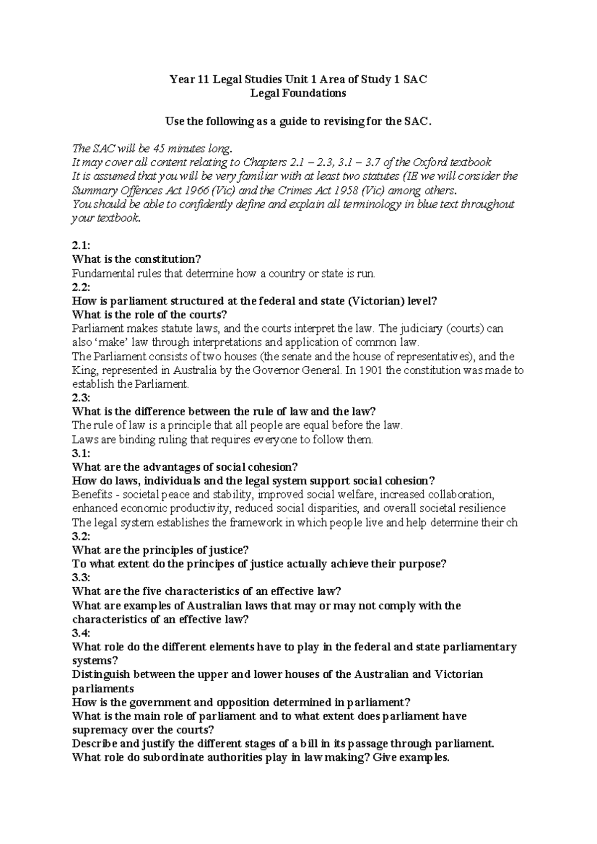 Year 11 Legal Studies Unit 1 AOS 1 SAC Revision Guide - Studocu