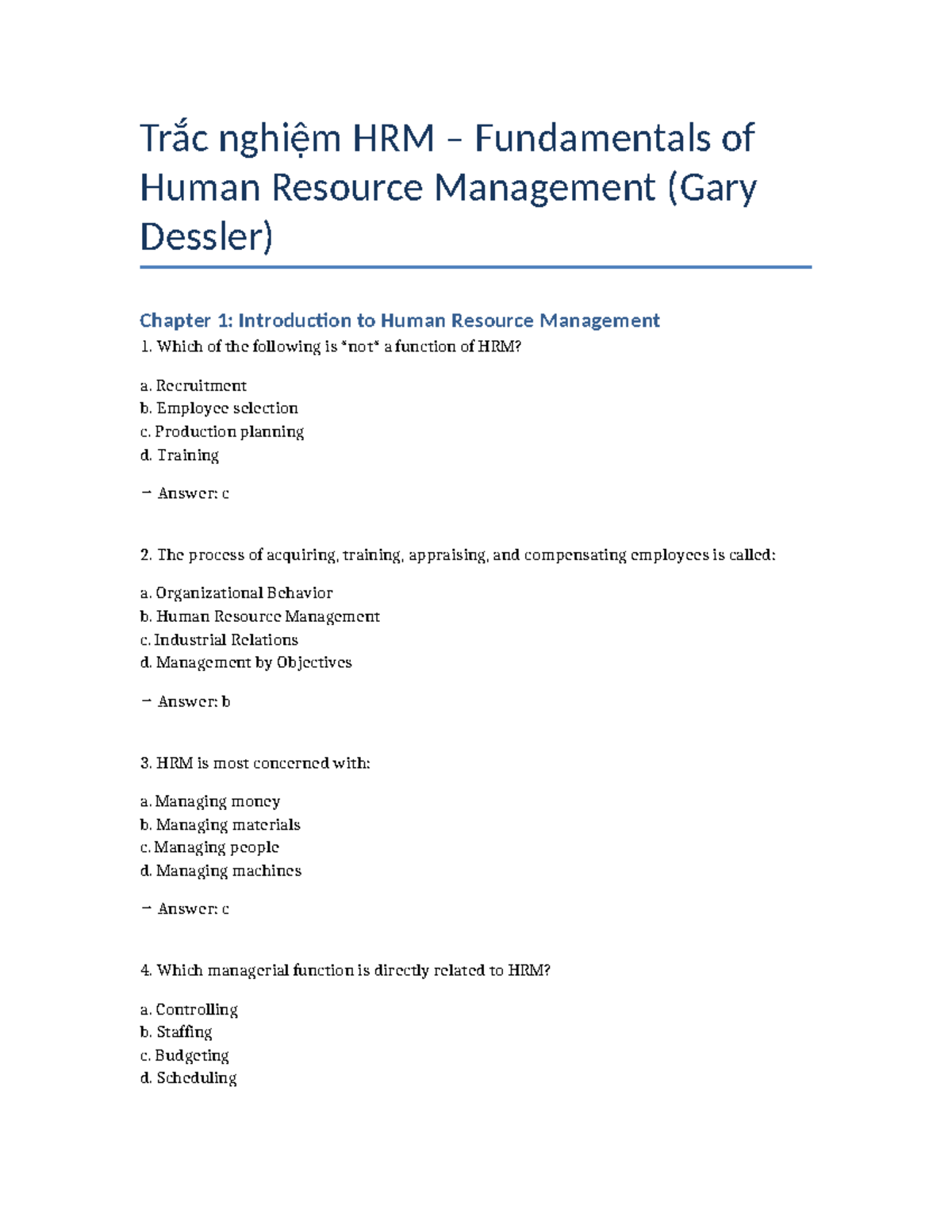 HRM Quiz (HRM 101) - Fundamentals of Human Resource Management - Studocu