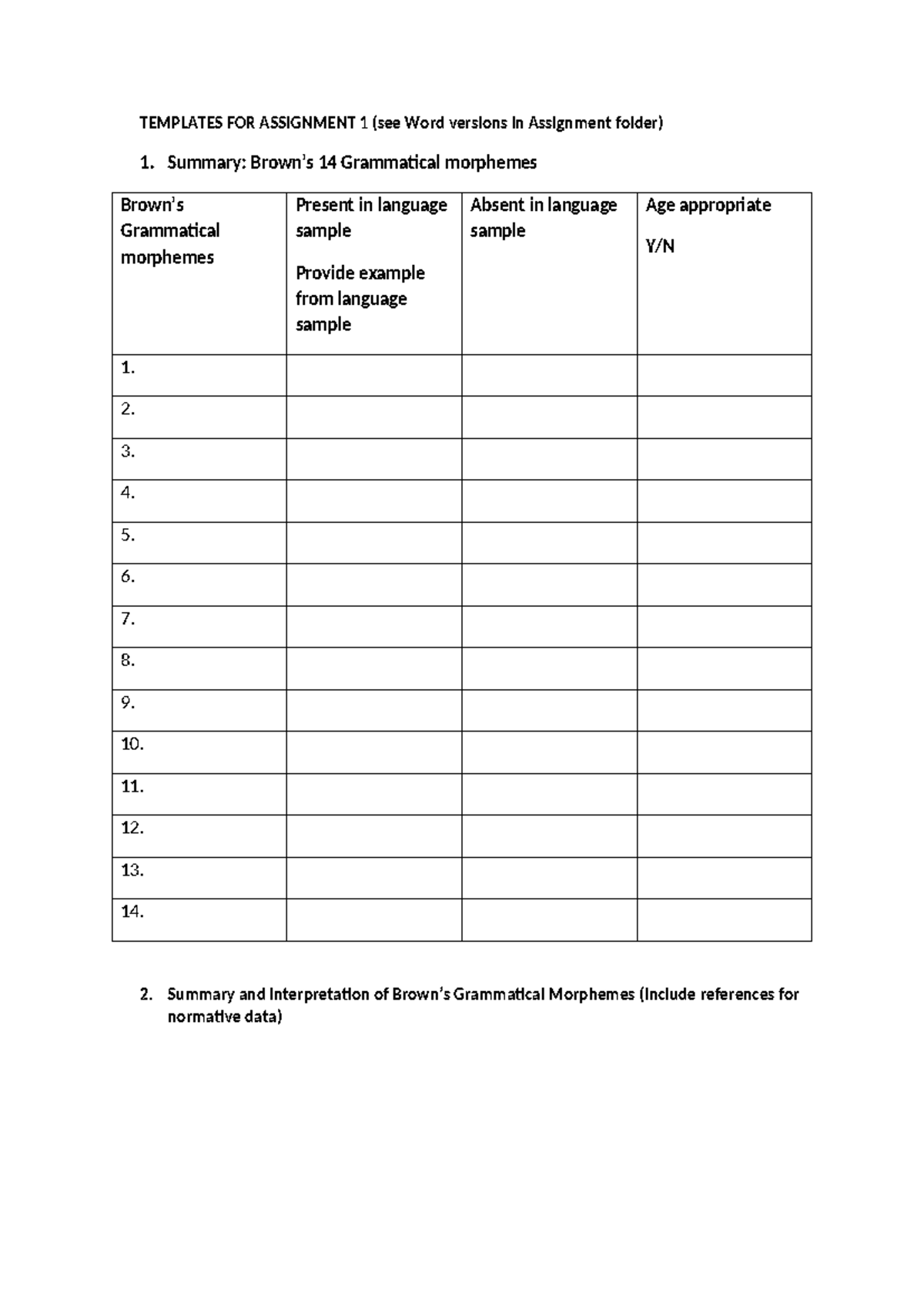 Assignment 1: Templates for Brown's Grammatical Morphemes & MLU - Studocu