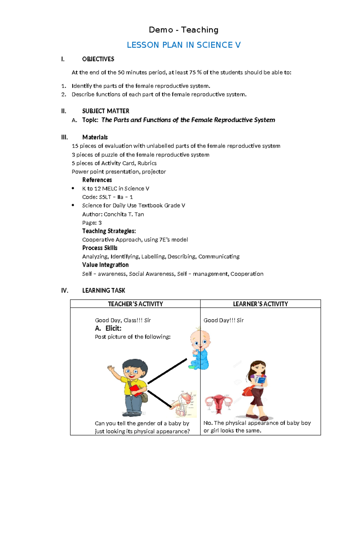 COT 2 - Lesson Plan on Female Reproductive System for Science V - Studocu