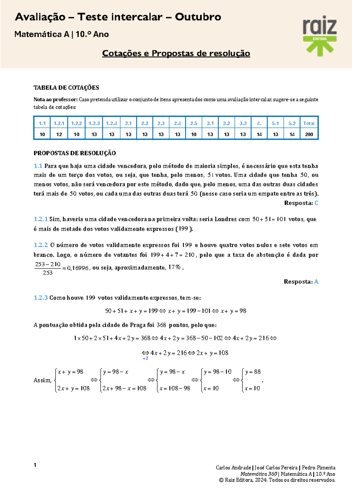 Mat36010 Avaliação Intercalar 1 - Cotações e Resoluções - Studocu