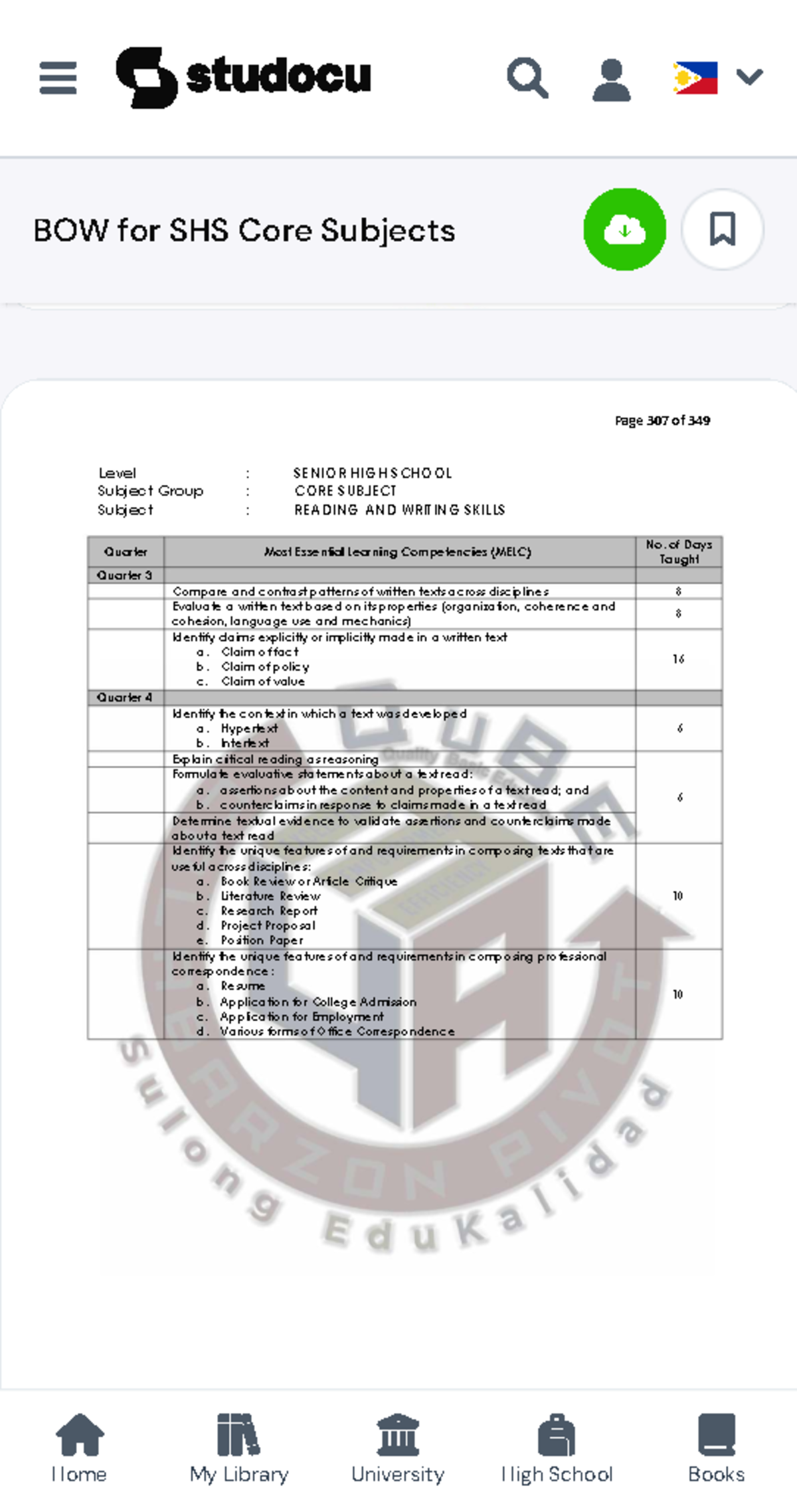 BOW for SHS Core Subjects: Reading and Writing Skills Overview - Studocu
