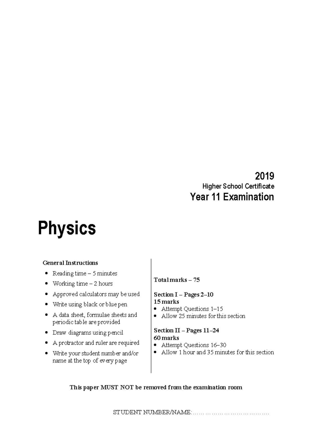 2019 HSC Physics Year 11 Exam Instructions and Questions - Studocu
