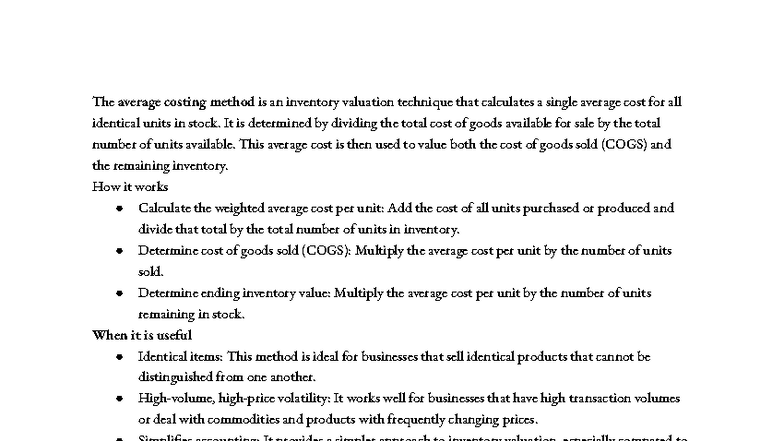 Average Costing Method: Inventory Valuation Explained - Studocu