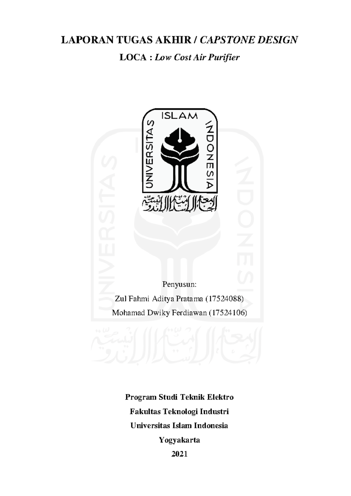 Laporan Tugas Akhir: Capstone Design LOCA (17524088 & 17524106) - Studocu