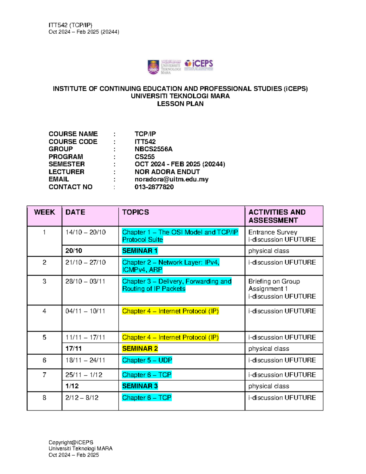 ITT542 - TCP/IP Lesson Plan for Oct 2024 to Feb 2025 Session - Studocu