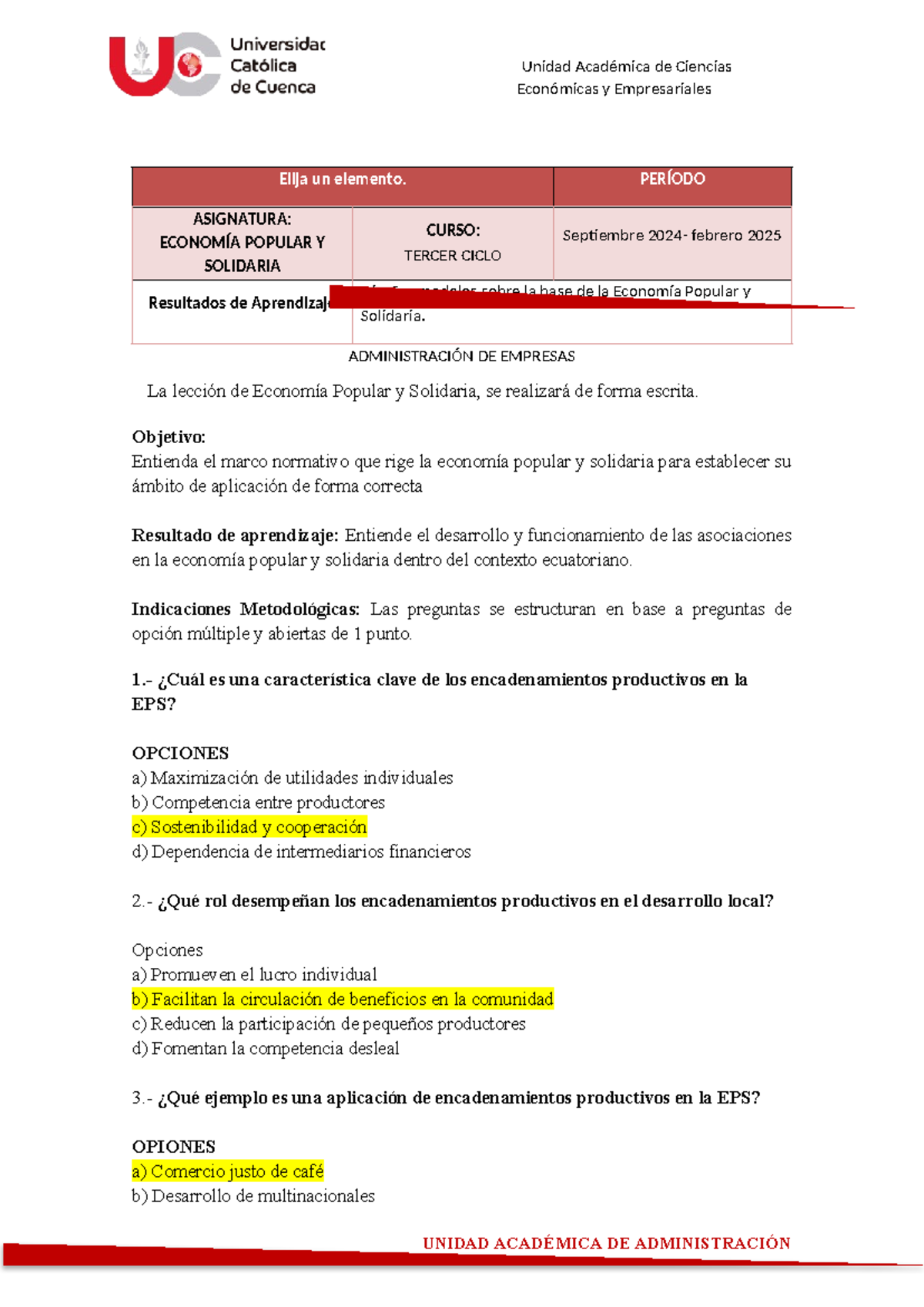 Lección de EPS bloque 2 - kkkk - Unidad Académica de Ciencias Económicas y Empresariales Elija ...