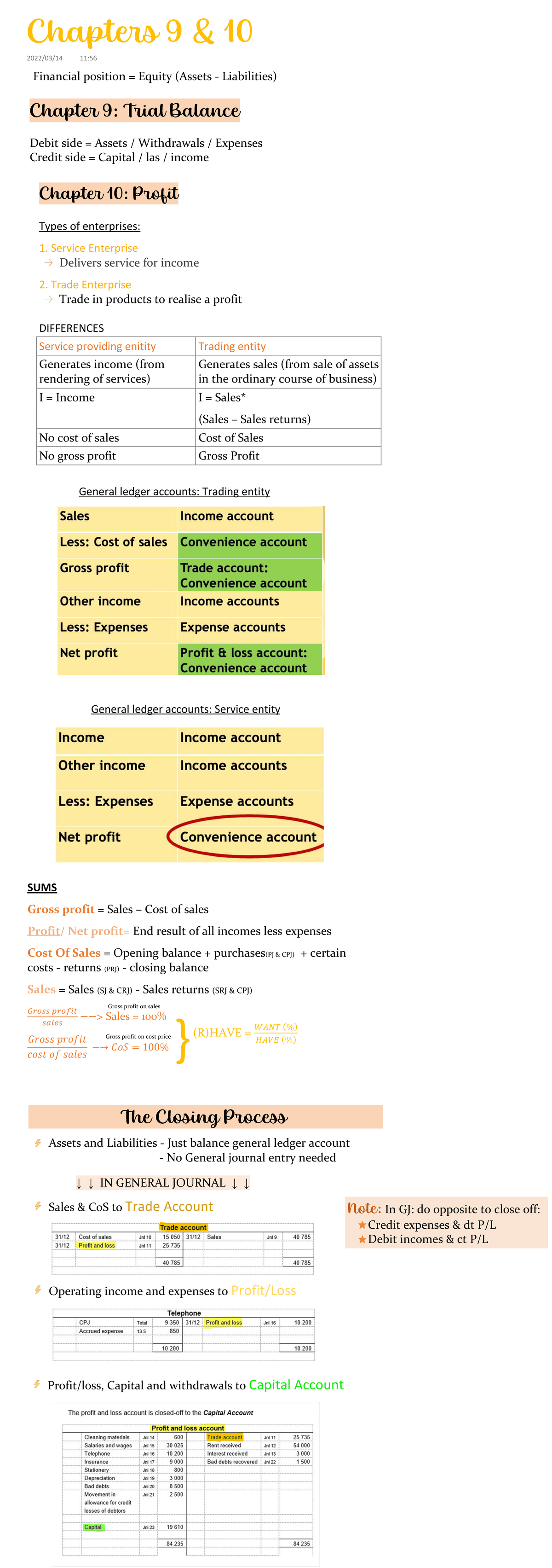 Chapters 9 & 10 - Summary - Chapter 9: Trial Balance Debit side = Assets / Withdrawals ...